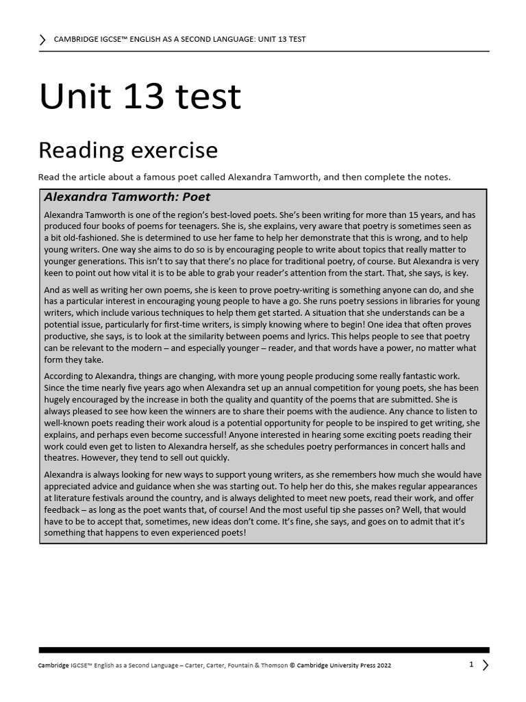 Igcse Esl 6ed Tr Unit13 Test 1 3 Pdf Poetry Poets