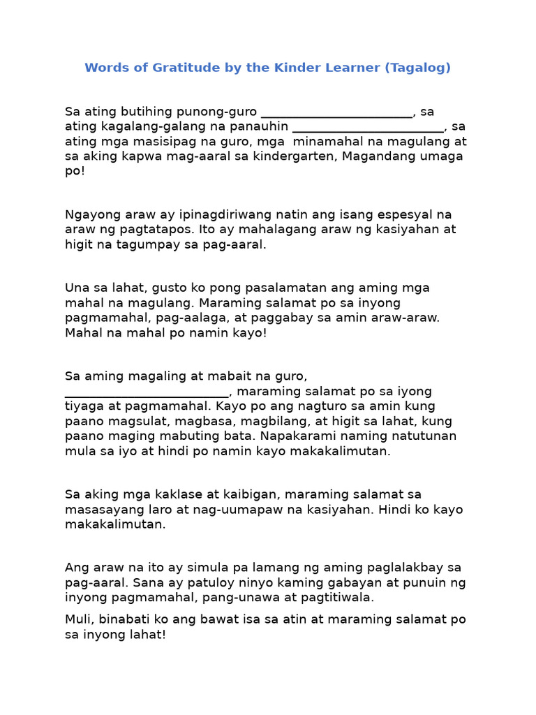 FREE. Sample Words of Gratitude by the Kinder Learner-Tagalog | PDF