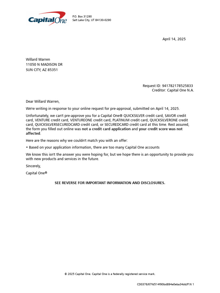 Adverse Action Notice for Credit Denial | PDF | Credit History | Credit
