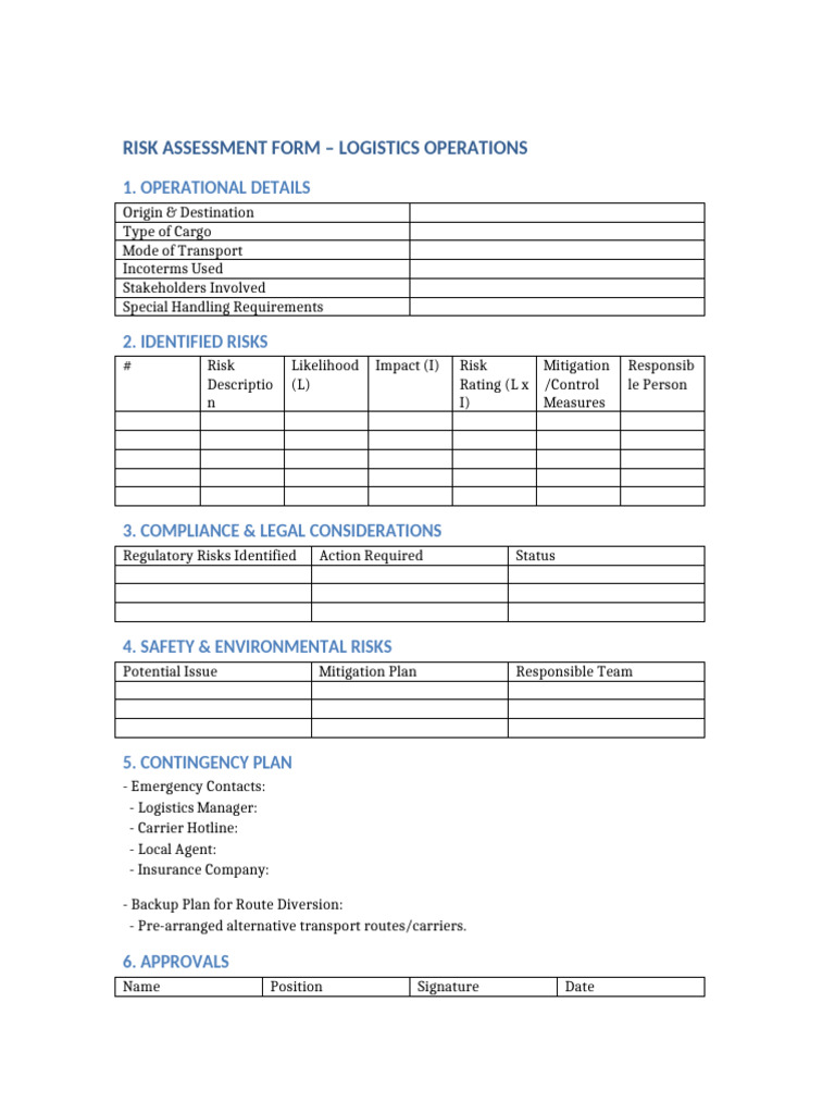Logistics Operations Risk Assessment Form | PDF