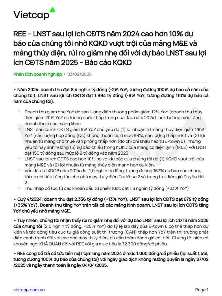 REE - LNST sau lợi ích CĐTS năm 2024 cao hơn 10% dự báo của chúng tôi ...