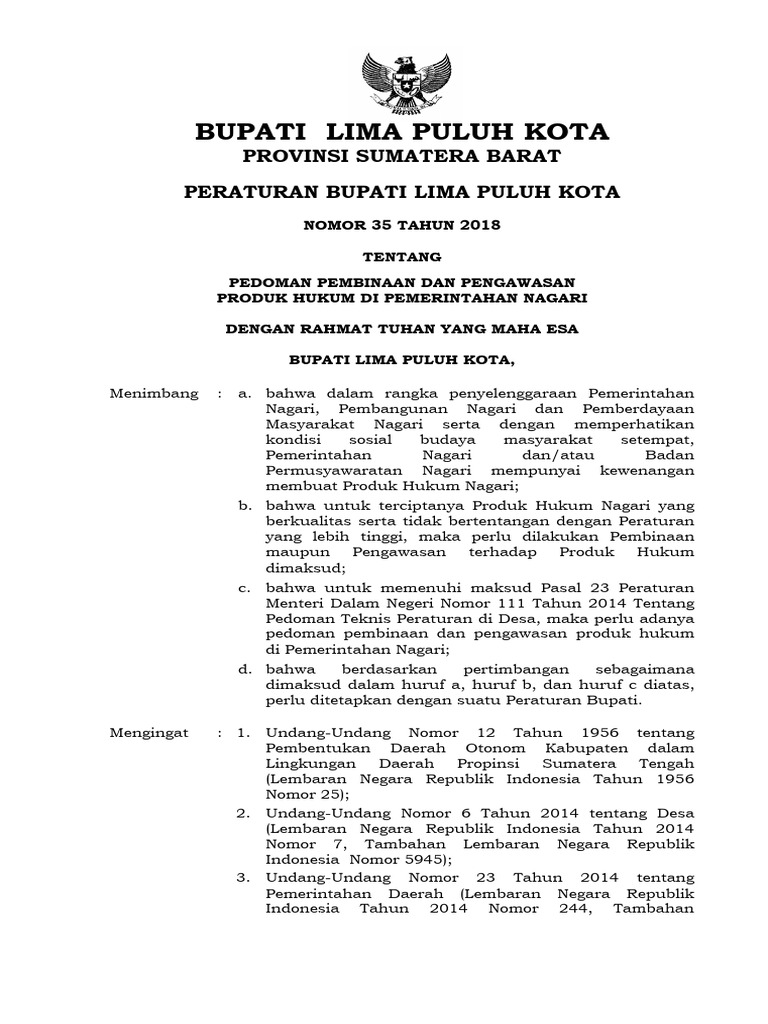 Perbup No 35 Produk Hukum Nagari | PDF