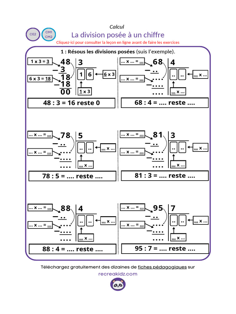 Exercices de division posée CE2 | PDF | Division
