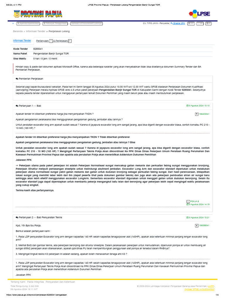 LPSE Provinsi Papua - Penjelasan Lelang Pengendalian Banjir Sungai TOR | PDF
