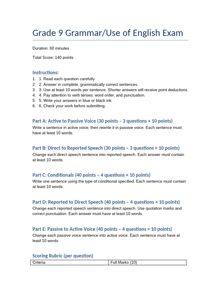 Grade9 Grammar Exam With Answer Key | PDF | Word | Question