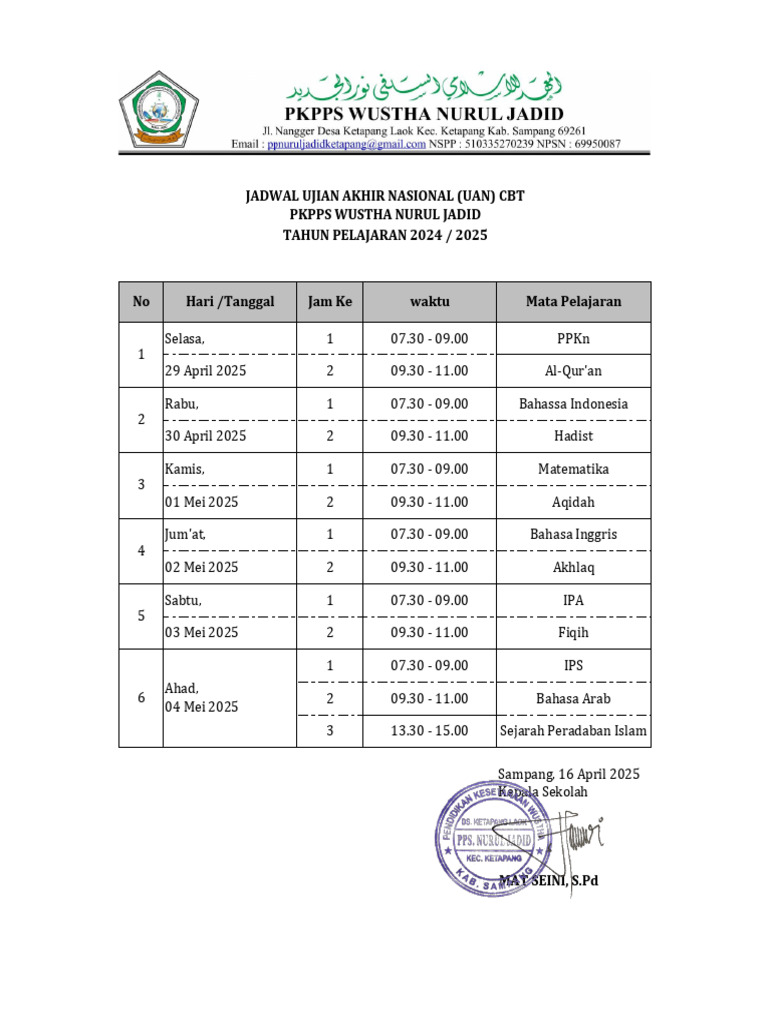 Jadwal Uan Wustha 2025 | PDF