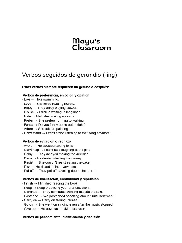 Palabras Seguidas de Gerundio (-Ing) | PDF
