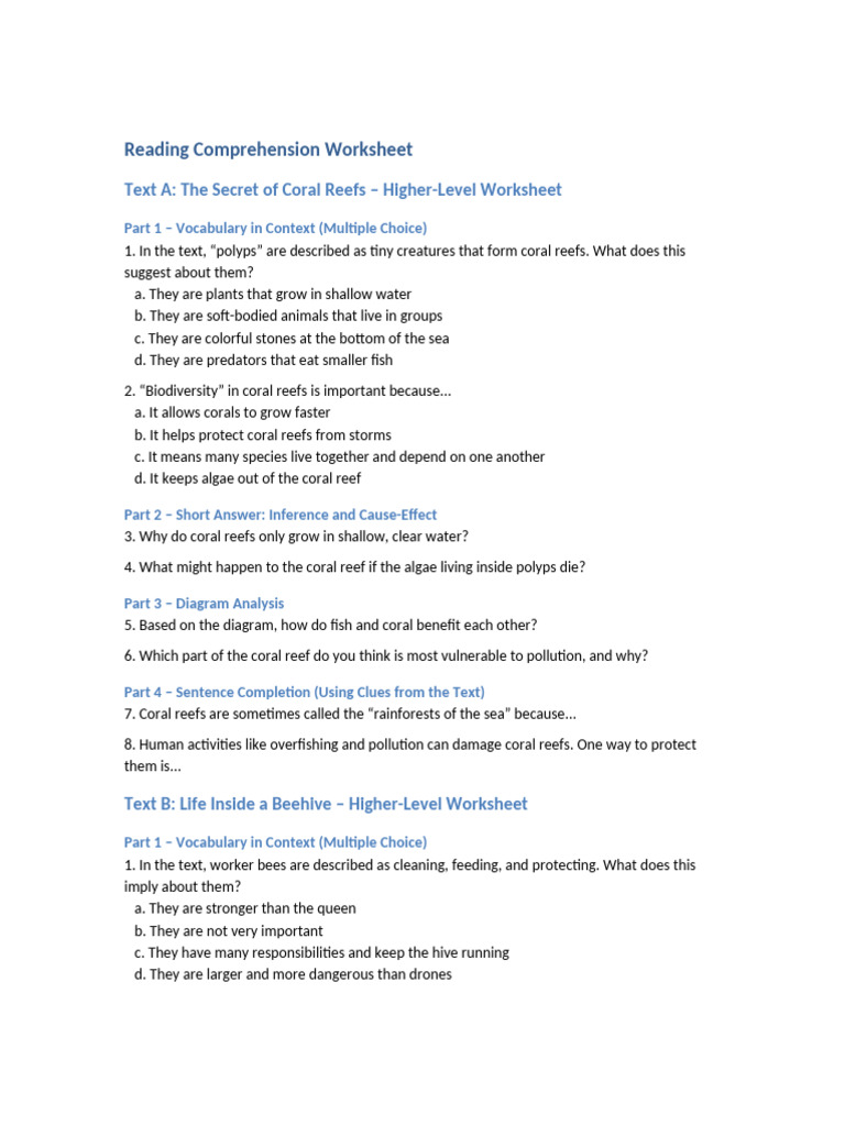 Coral Reef and Beehive Worksheet | PDF | Coral | Coral Reef