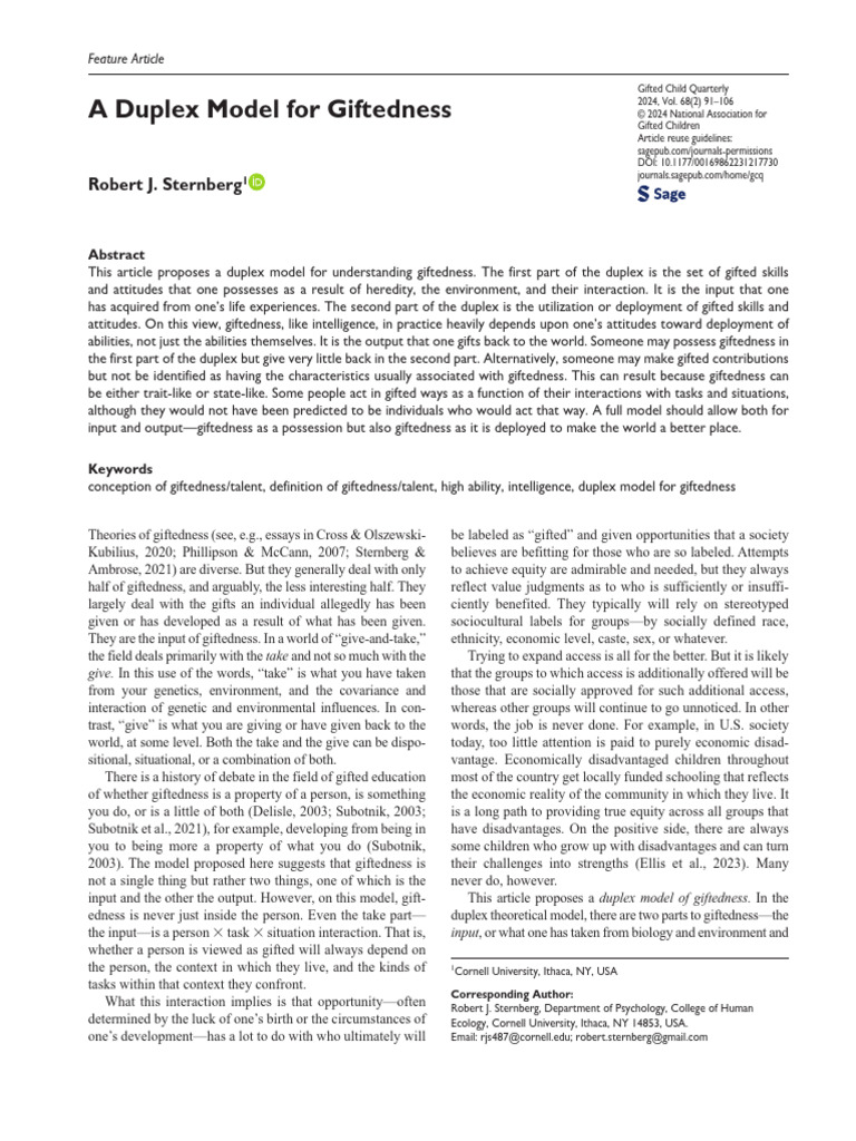 A Duplex Model For Giftedness: Robert J. Sternberg | PDF | Intelligence | Theory