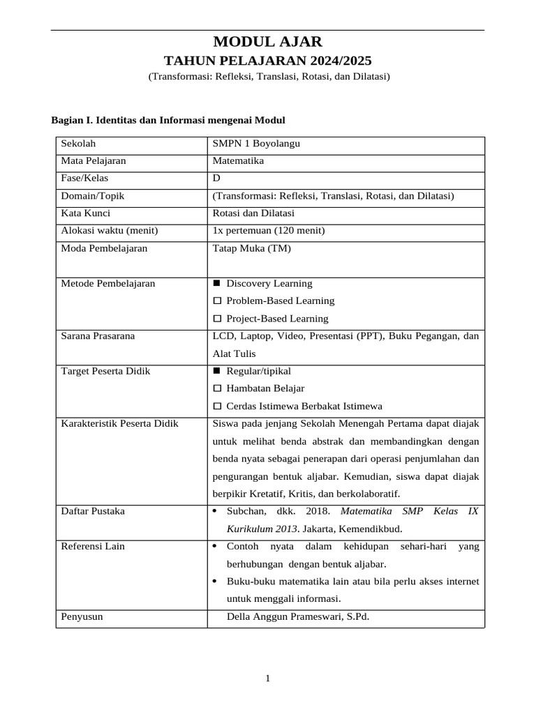 MODUL AJAR (Transformasi Rotasi Dan Dilatasi) | PDF