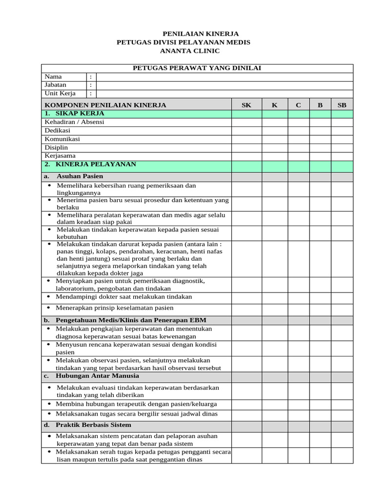 Form Penilaian Kinerja Karyawan Divisi Pelayanan Medis | PDF
