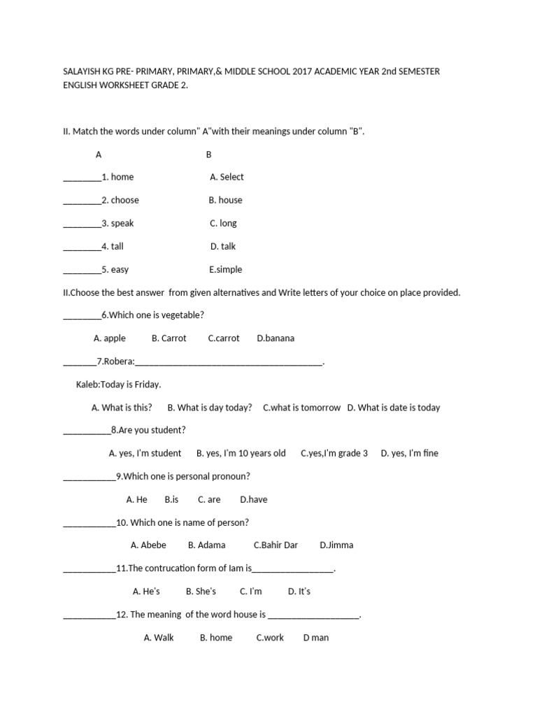 Grade 2 English Worksheet 2017 | PDF | Grammar | Grammatical Number