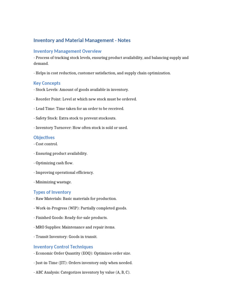 Inventory and Material Management Notes | PDF