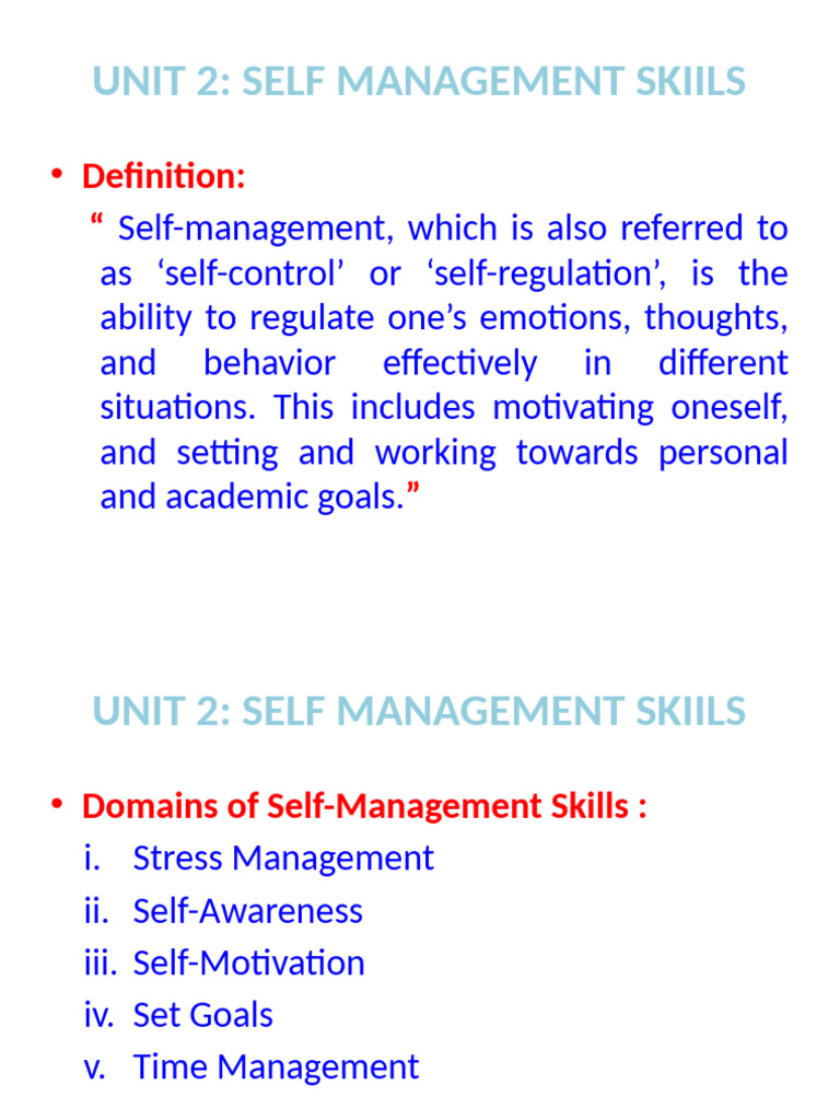 Self-Management Skills Overview | PDF | Stress (Biology) | Self Awareness