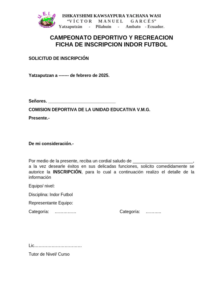 Ficha de Inscripción Indor Fútbol | PDF