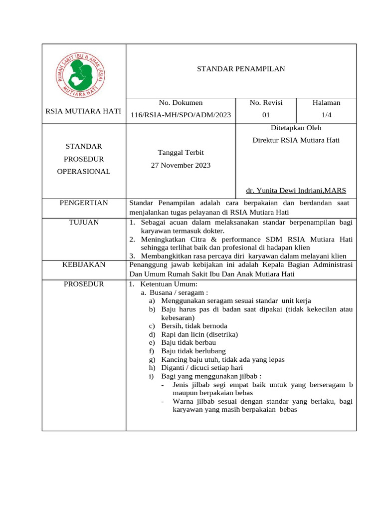 Standar Penampilan Karyawan RSIA | PDF