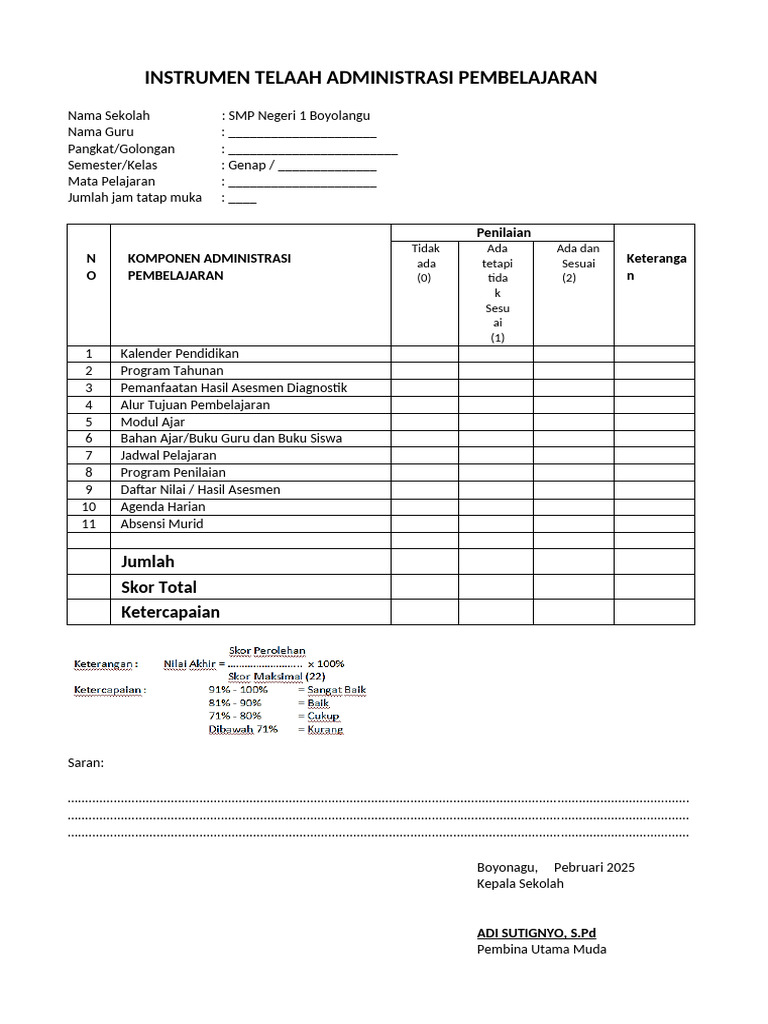 Instrumen Supervisi Akademik Kurmer - Telaah | PDF