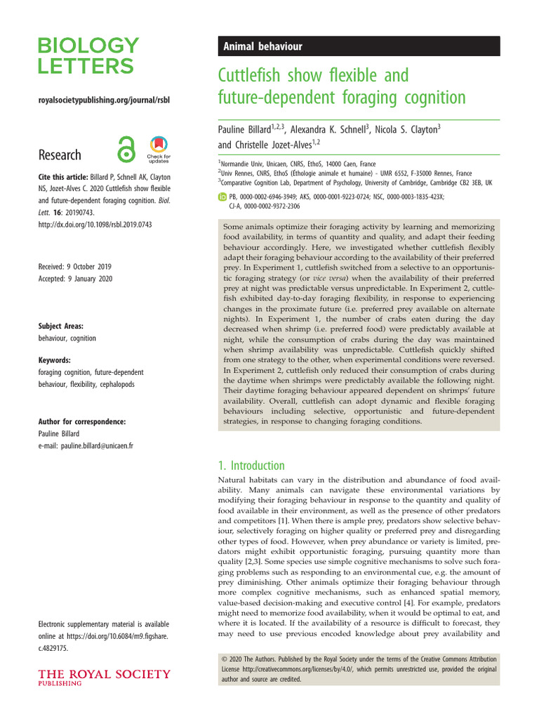 Billard Et Al 2020 Cuttlefish Show Flexible and Future Dependent Foraging Cognition | PDF ...