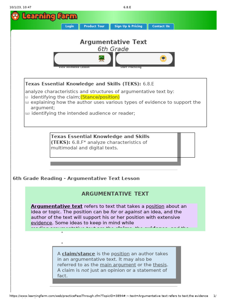 6th Grade Argumentative Text Guide | PDF | Spider | Insects