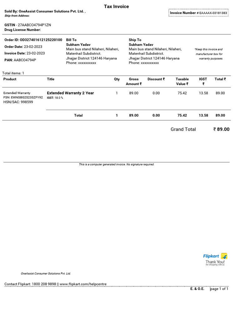 Tax Invoices for Warranty Products | PDF