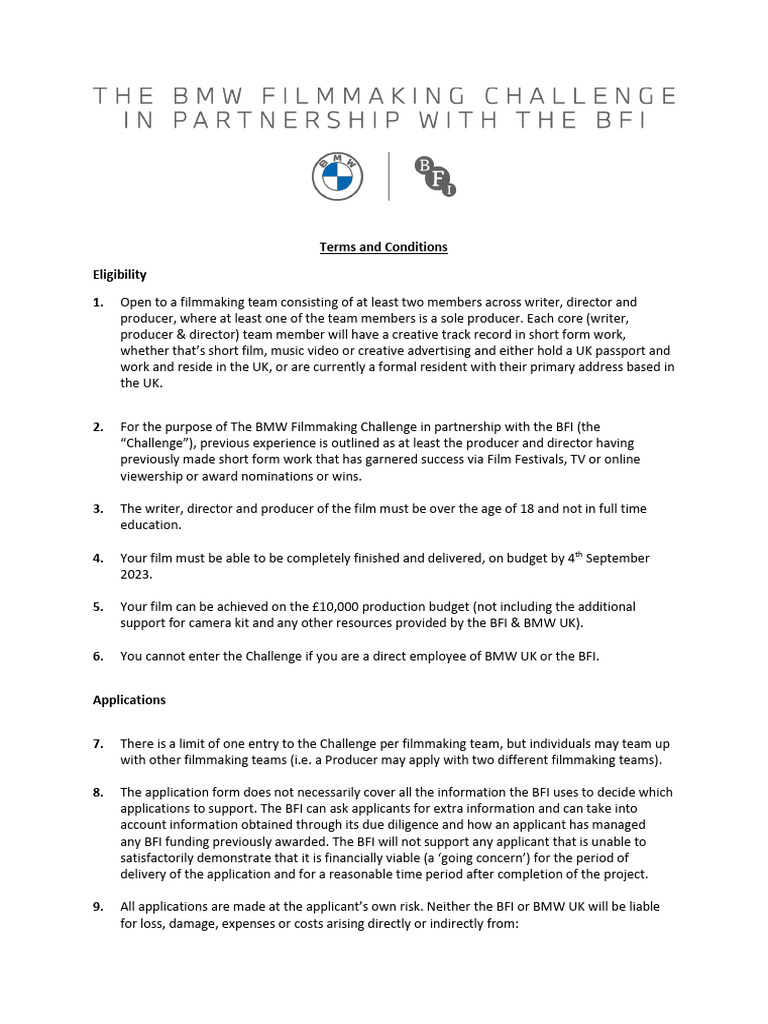 BMW Filmmaking Challenge Bfi Terms and Conditions | PDF | Video | Film And Video Technology