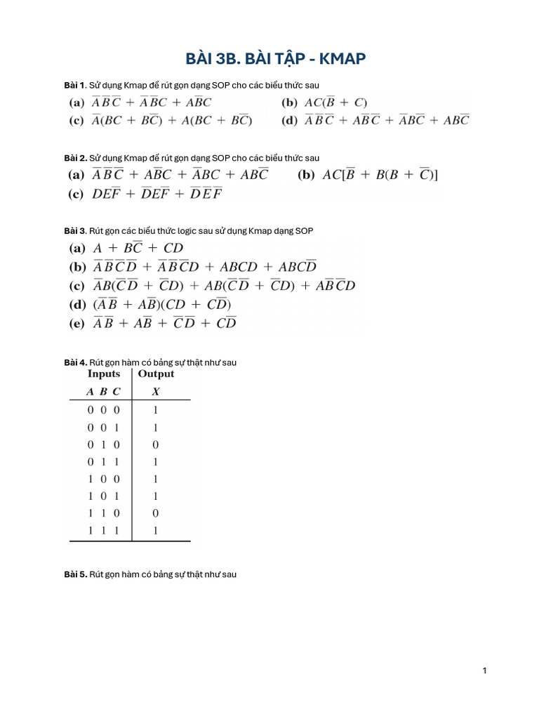 Bài 3B. Bài tập - Rút gọn biểu thức logic sử dụng Karnaugh Map | PDF