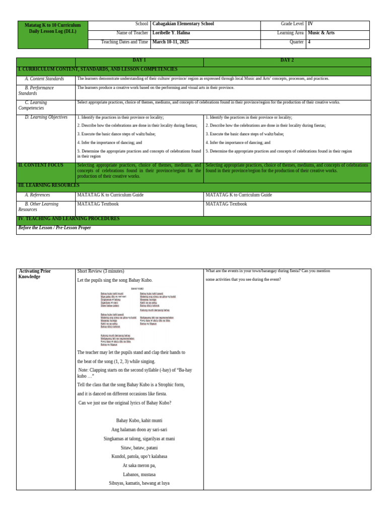 Grade IV Music & Arts Lesson Plan | PDF | Dances | Curriculum
