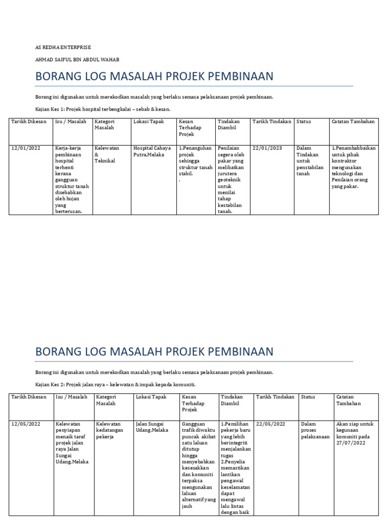 Borang_Log_Masalah_Projek_Pembinaan-AS REDHA ENTERPRISE | PDF