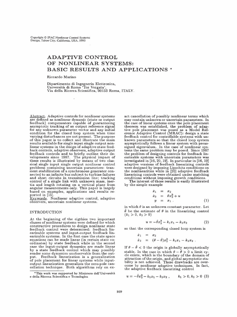 Adaptive Control of Nonlinear Systems Basic Results and Applications | PDF | Control Theory ...