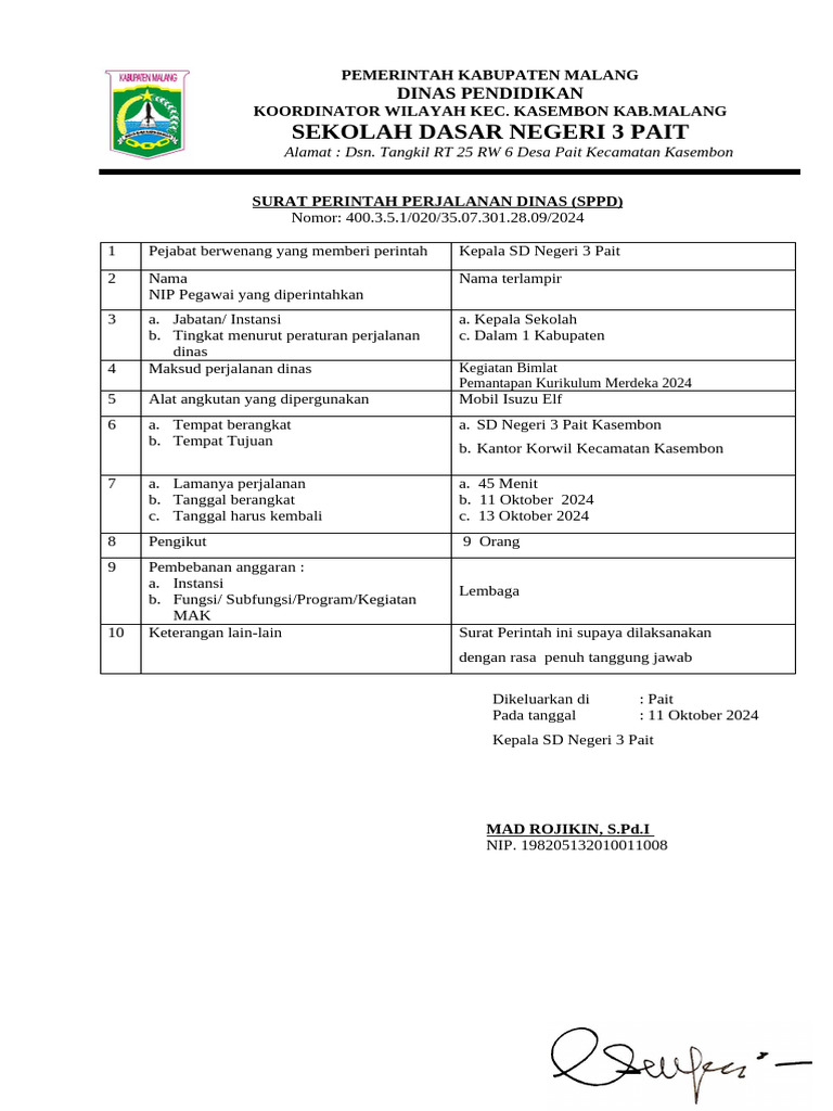 SPPD Bimlat Pemantapan Kurikulum Merdeka 2024 | PDF