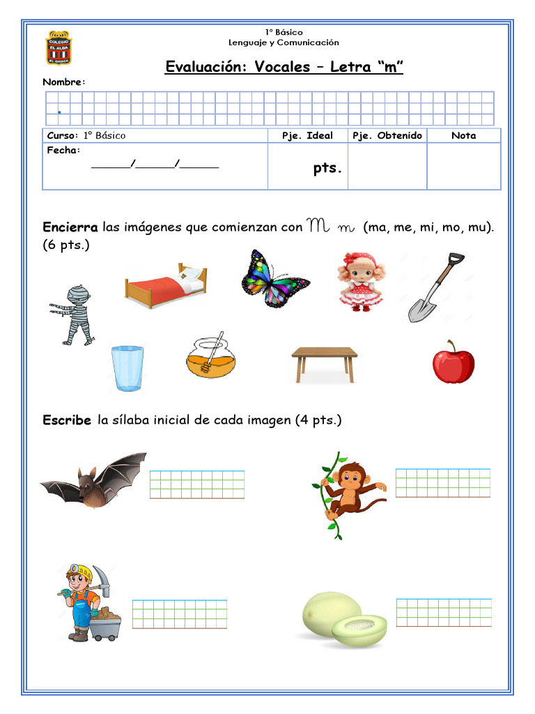 Evaluación vocales_letra m_4 de abril | PDF