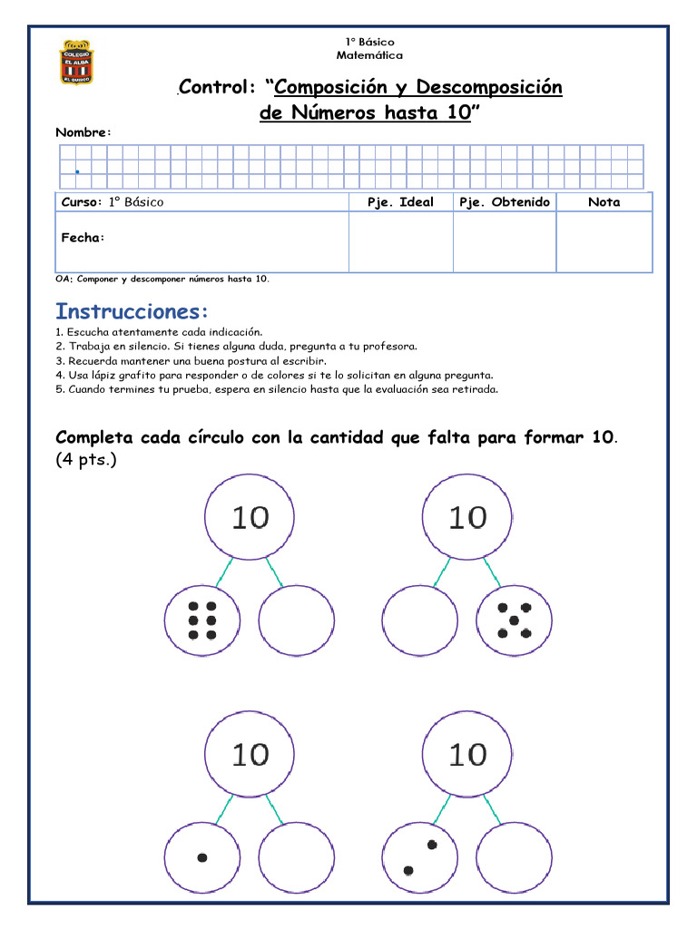 1° Control Matemática - Composición y Descomposición de Números Hasta ...