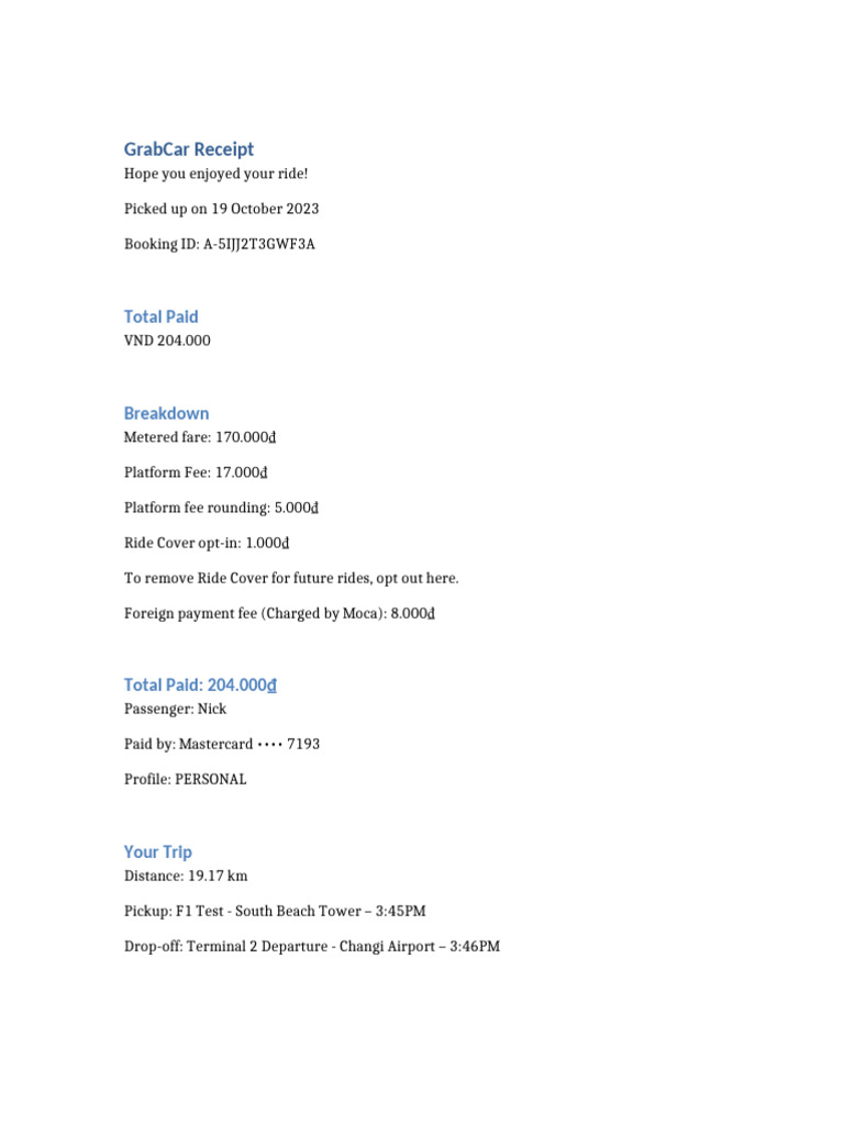 GrabCar Receipt for Ride to Changi Airport | PDF