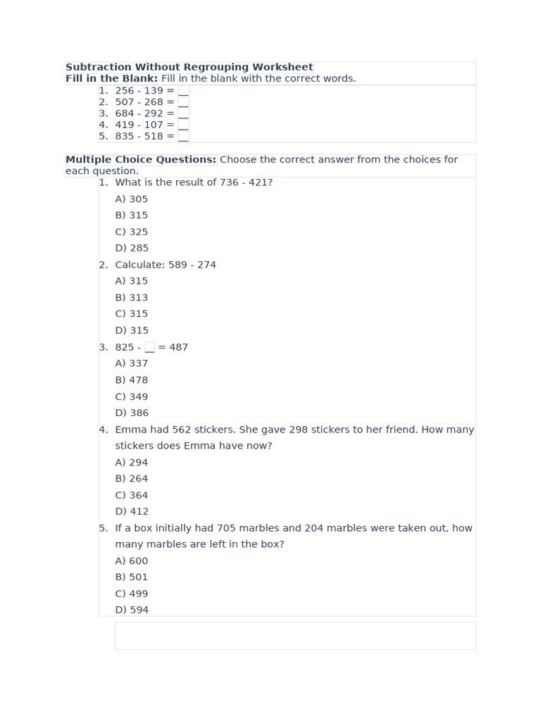 Subtraction Without Regrouping Worksheet | PDF