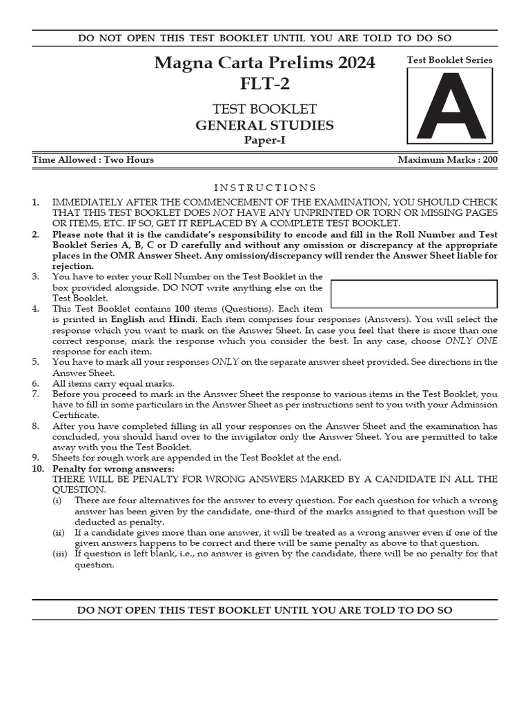 Magna Carta Prelims 2024 General Studies Test | PDF