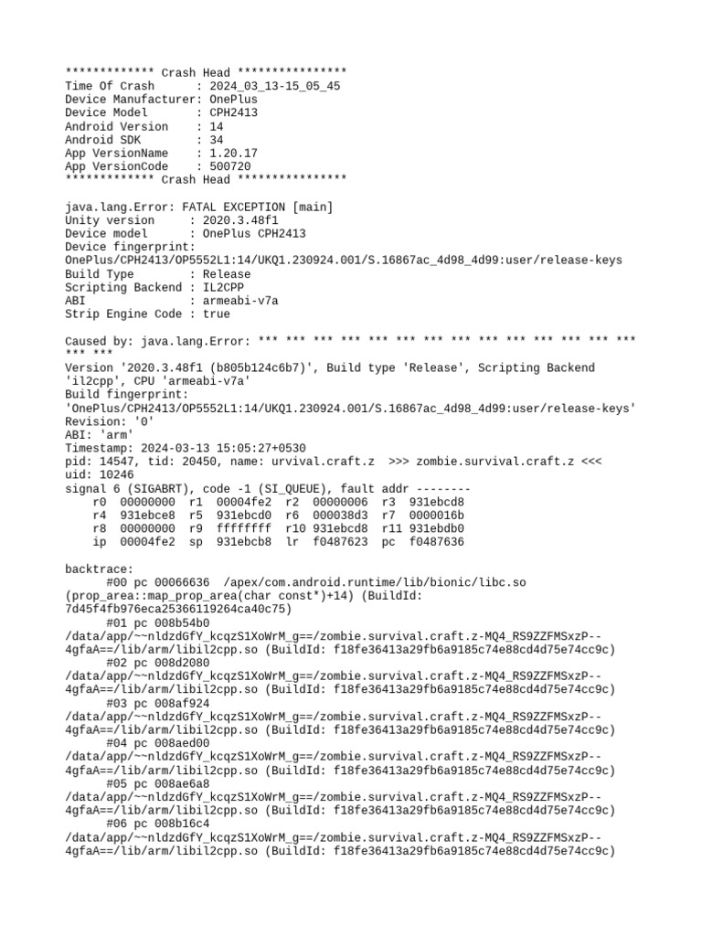 OnePlus Crash Report: Unity Error 2024 | PDF | Smartphone | Embedded Linux Distributions