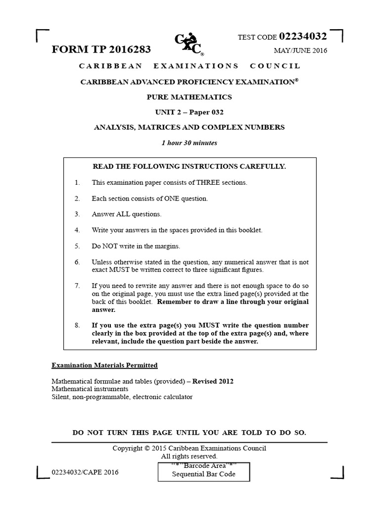 Cape Pure 2016 Unit 2 Paper 03 With Solutions | PDF | Mathematical Analysis | Mathematics
