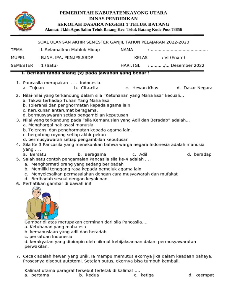 Soal PAS Kelas 6 Sem 1 Tema 1 TH 2022.2023 | PDF
