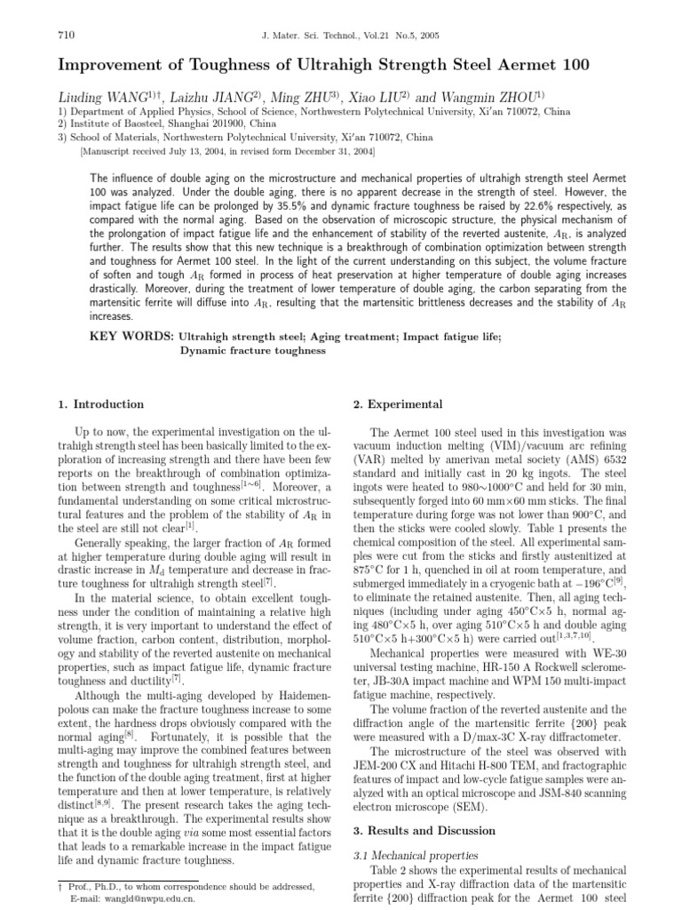 Improvement of Toughness of Ultrahigh Strength Steel Aermet 100 | PDF ...