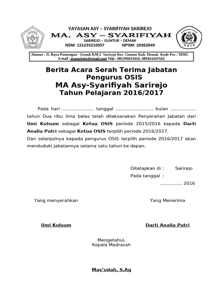 Berita Acara Serah Terima Jabatan Penguru OSIS 2015 | PDF