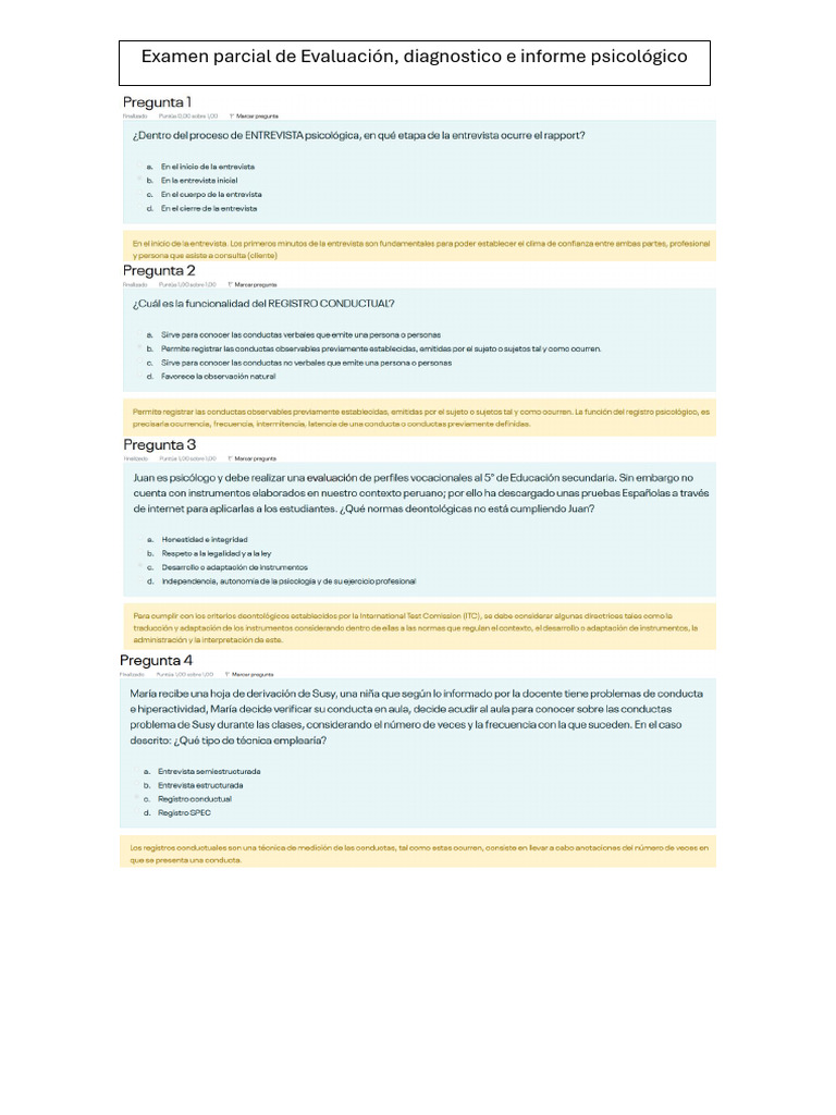 Examen Parcial de Evaluación, Diagnostico e Informe Psicologico | PDF