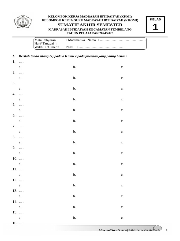 Format SOAL MTK KELAS 1 SAS 24-25 | PDF