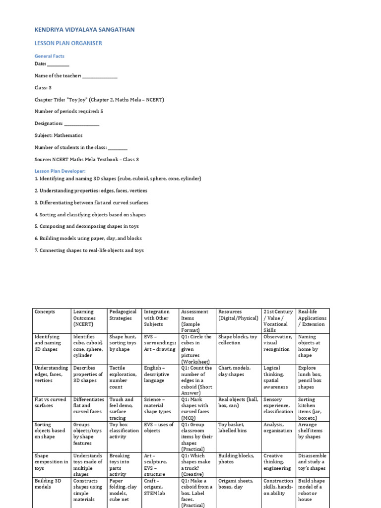 Class 3 Maths: Toy Joy Lesson Plan | PDF | Shape | Toys