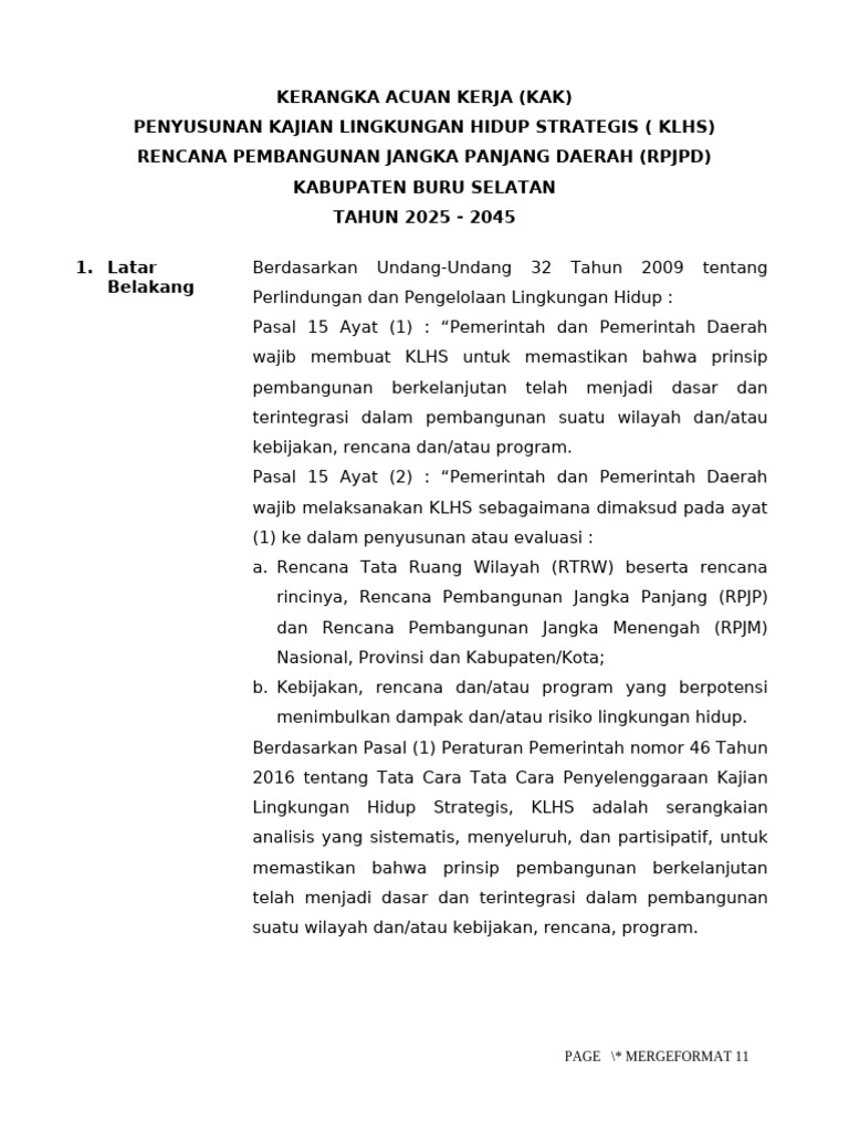 KAK PENYUSUNAN KLHS RPJPD KAB BURSEL -2024 -PPK | PDF