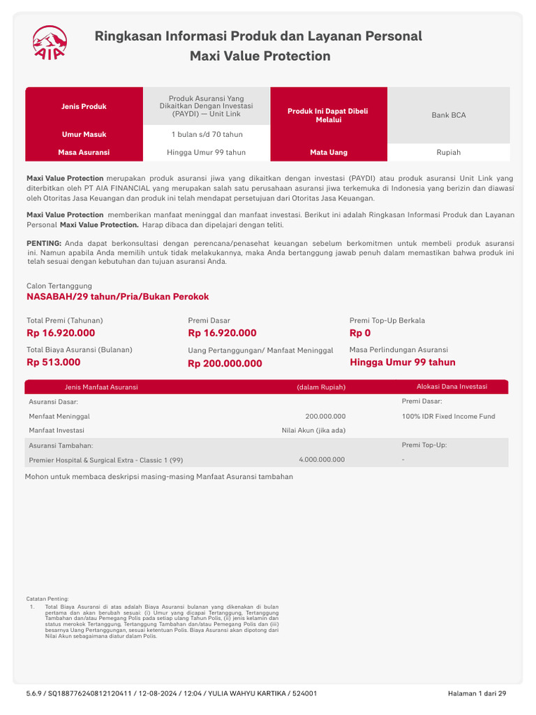 Maxi Value Protection: Rincian Produk AIA | PDF