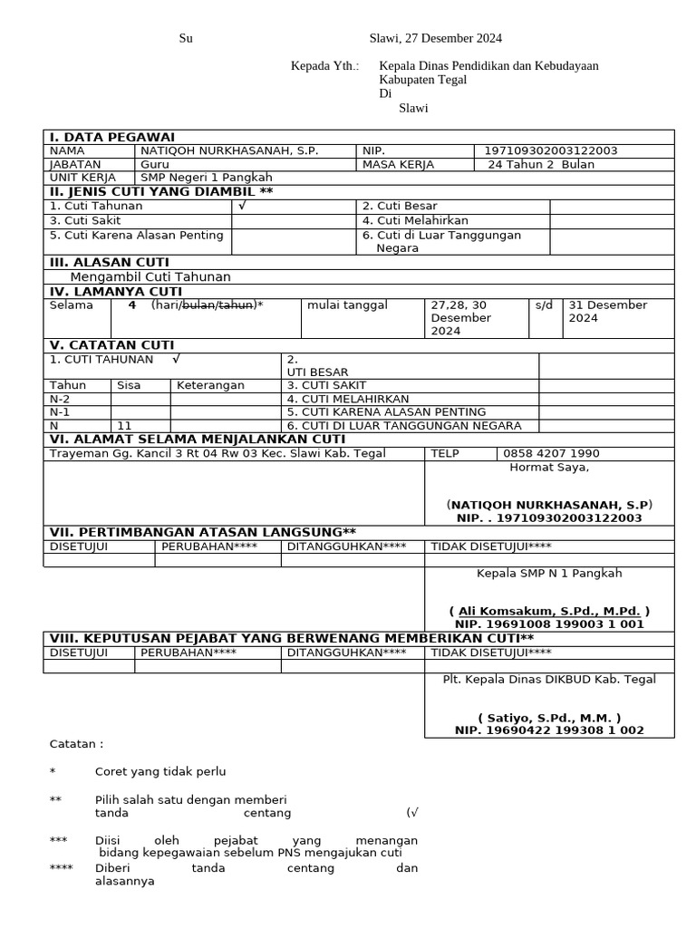 FORMAT CUTI MANUAL | PDF