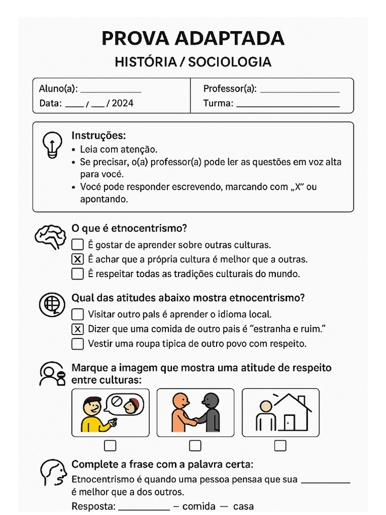 Prova Adaptada Etnocentrismo TEA | PDF