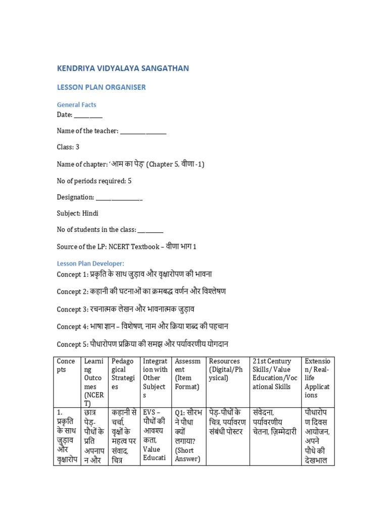 Lesson Plan Aam Ka Ped Class3 | PDF