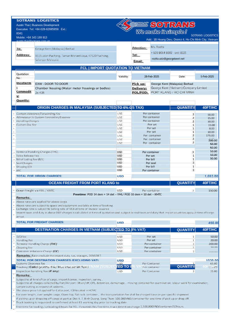 Quotation For George Kent (Malaysia) - EXW FCL From Port Klang To Ho ...