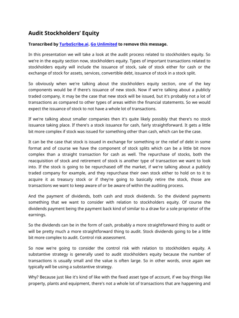 Stockholders' Equity Audit Process Guide | PDF | Stocks | Equity (Finance)